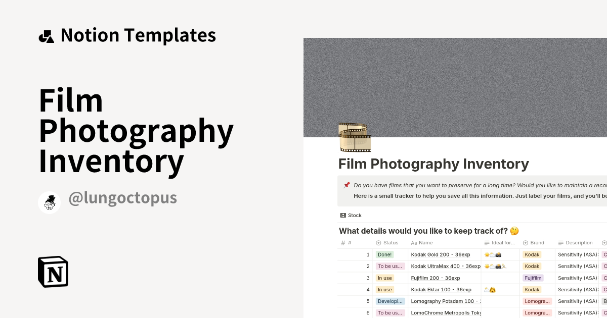 Film Photography Inventory Template by Claudia Aguirre | Notion Marketplace