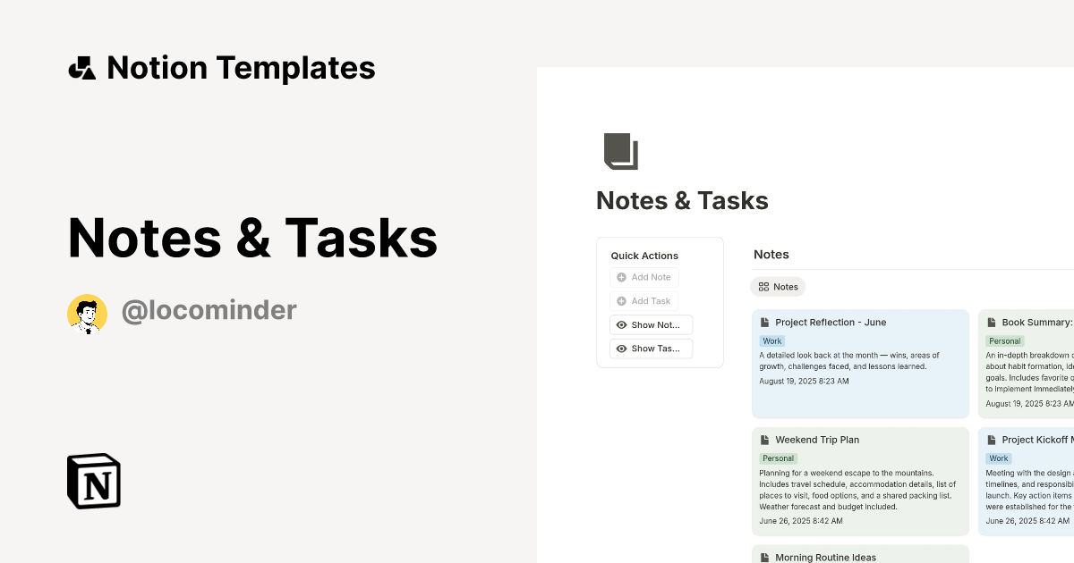 Notes & Tasks by Locominder | Notion Template