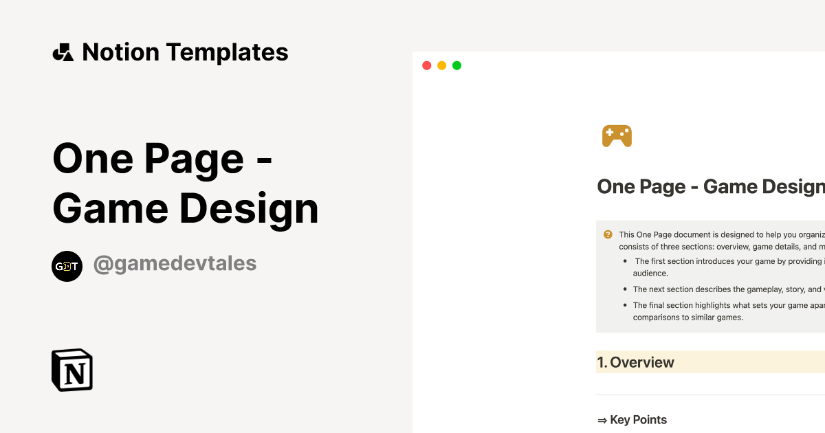 One Page Game Design Notion Template