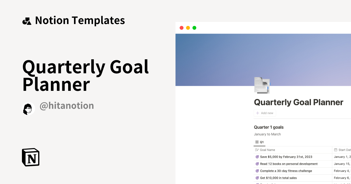 Quarterly Goal Planner Template by HitaNotion | Notion Marketplace Quarterly Goal Planner Template by HitaNotion | Notion Marketplace