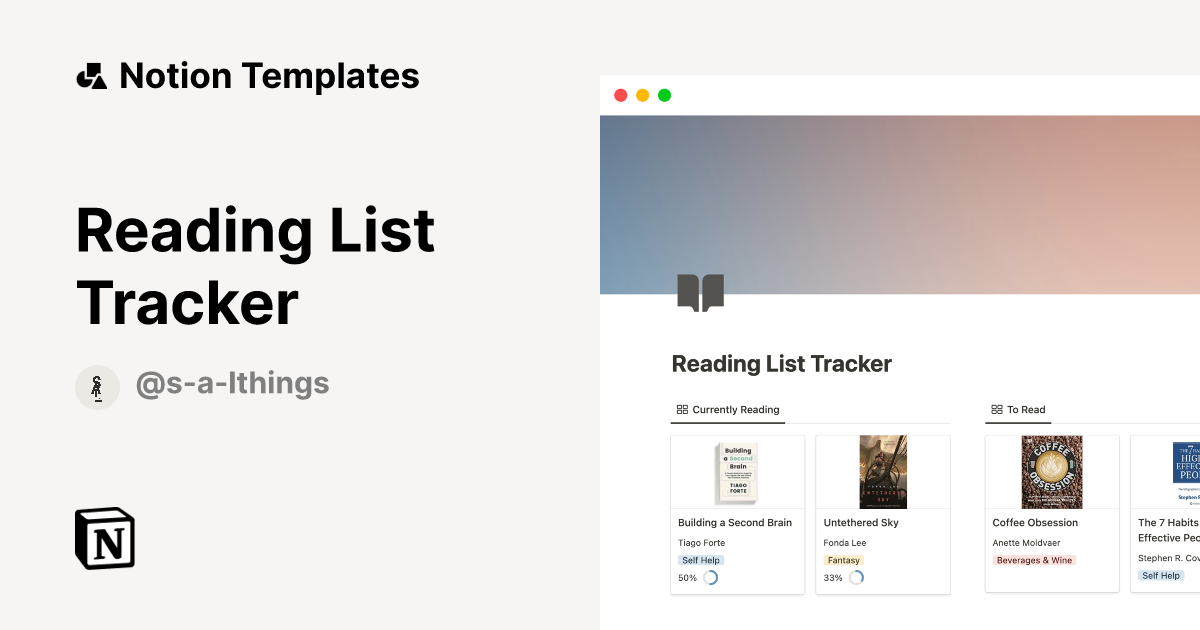 Reading List Tracker by S.A.LThings | Notion Template