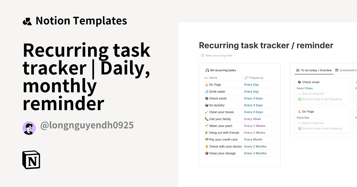 Recurring task tracker | Daily, monthly reminder Template | Notion ...