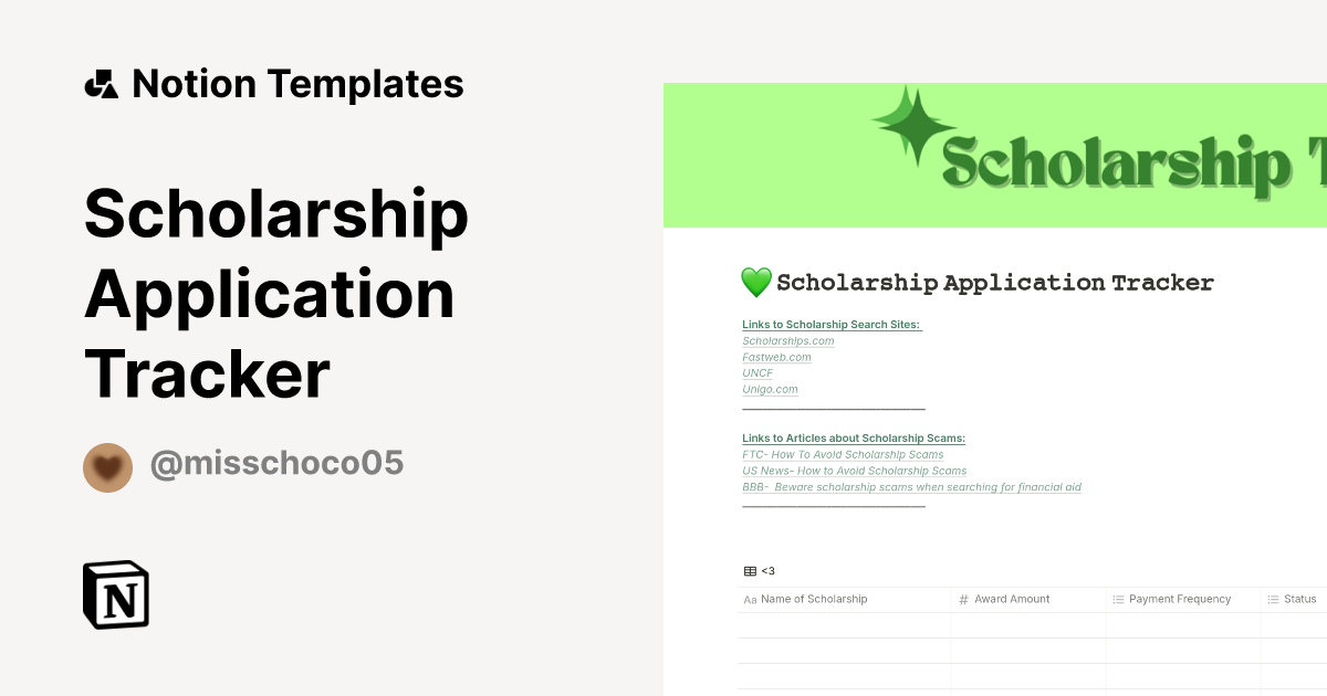 Scholarship Application Tracker by Miss Choco | Notion Template