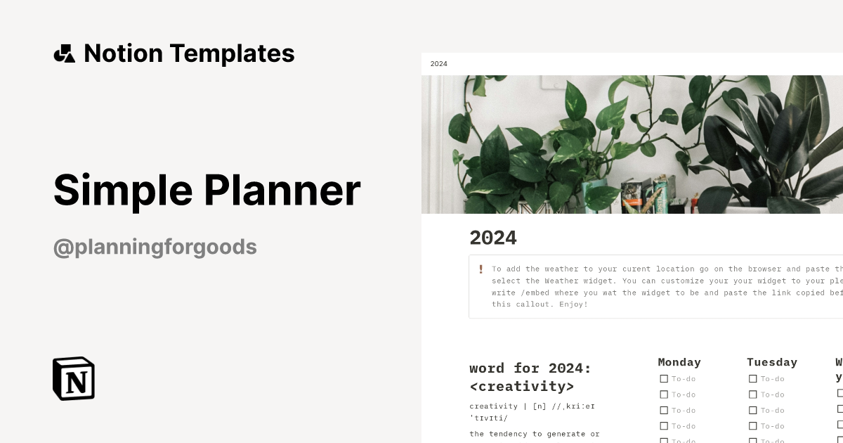Simple Planner by PlanningforGoods | Notion Template