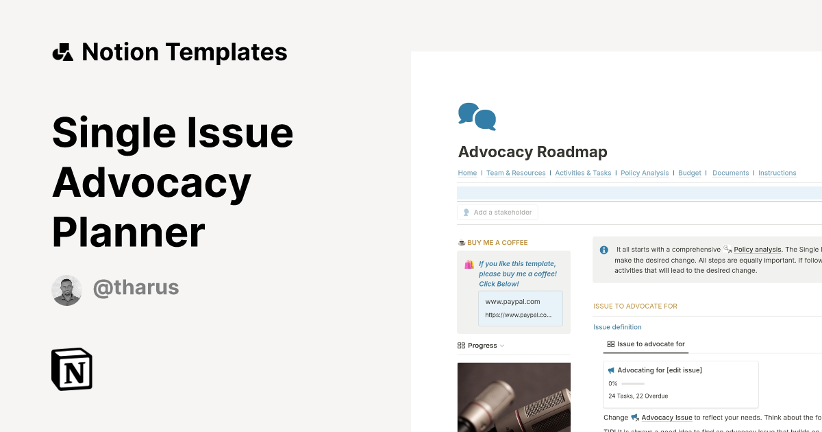 Single Issue Advocacy Planner Template by Tharus | Notion Marketplace