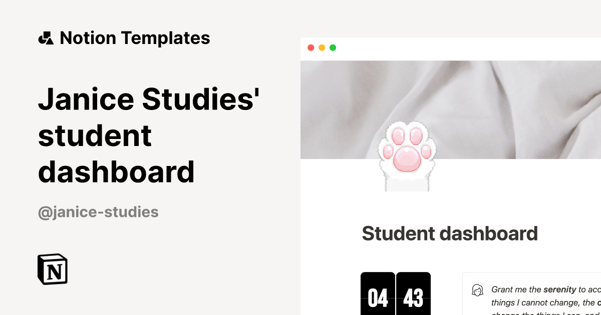 Janice Studies Student Dashboard Notion Template