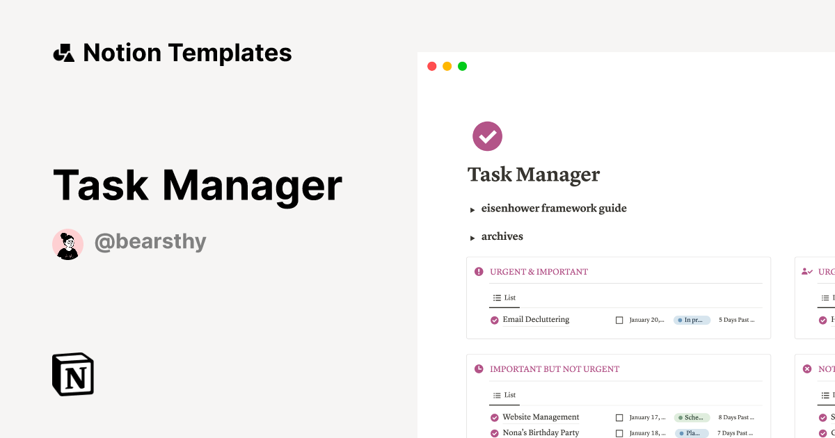 Task Manager Template by Bearsthy | Notion Marketplace