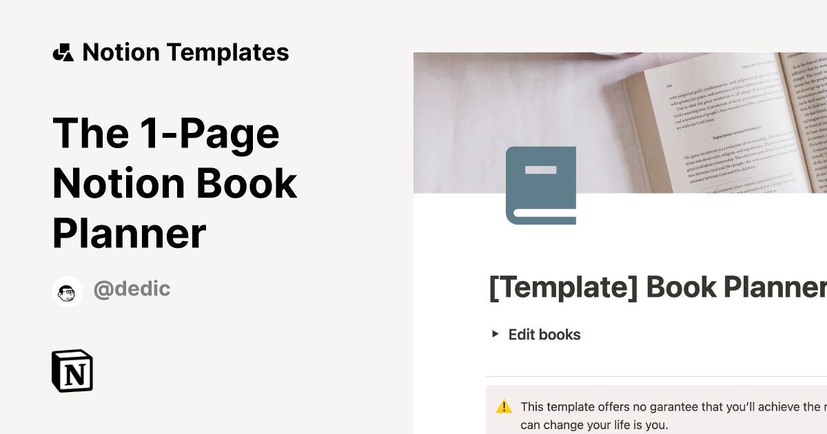 The 1-Page Notion Book Planner | Notion Template