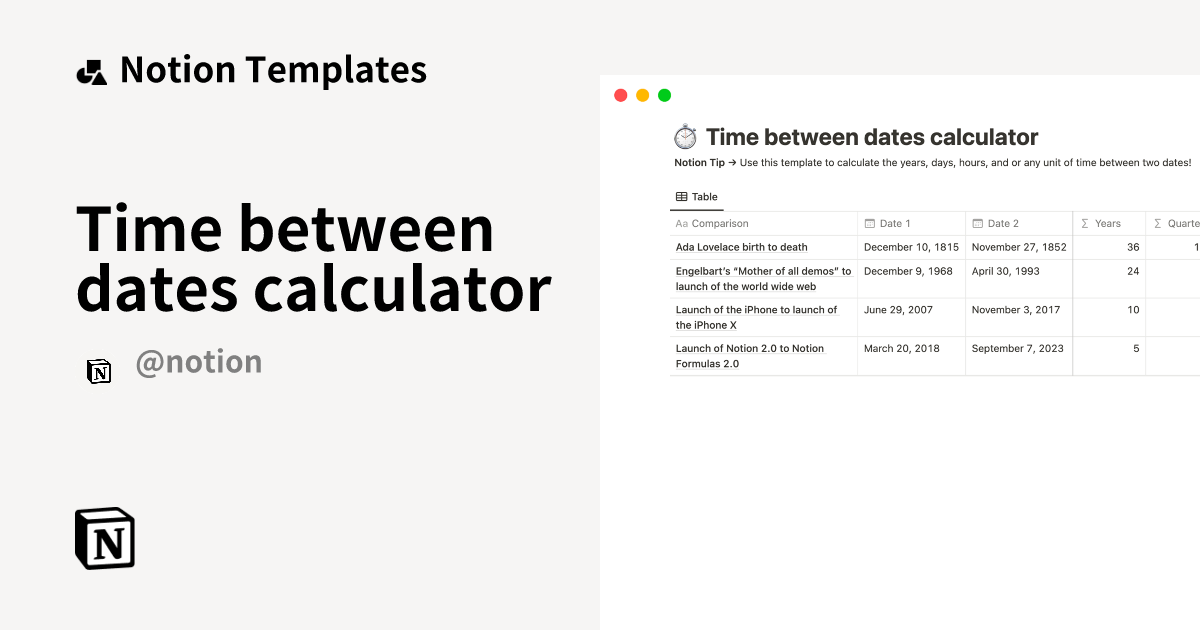 Time Between Dates Calculator Notion Template