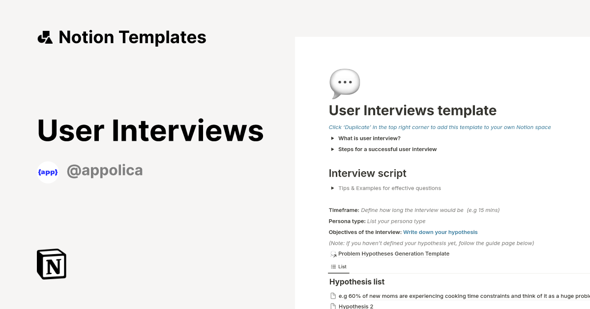 User Interviews by Appolica | Startup Studio | Notion Template