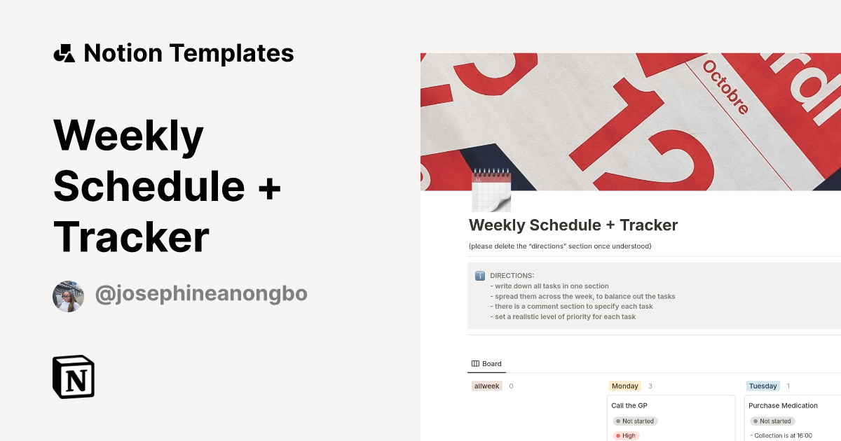 Weekly Schedule + Tracker Template by Josephine Anongbo | Notion ...