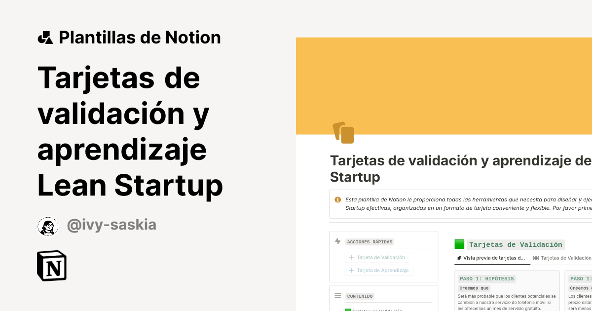 Plantilla Tarjetas de validación y aprendizaje Lean Startup | Notion Marketplace