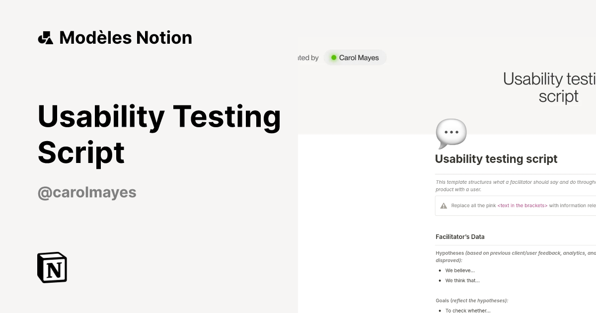 Usability Testing Script | Modèle Notion Usability Testing Script | Modèle Notion